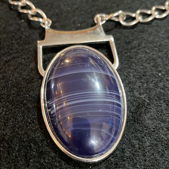 Jewelry | Signed Lia Sophia Dark Blue Pendant With Long Silvertone Link ...